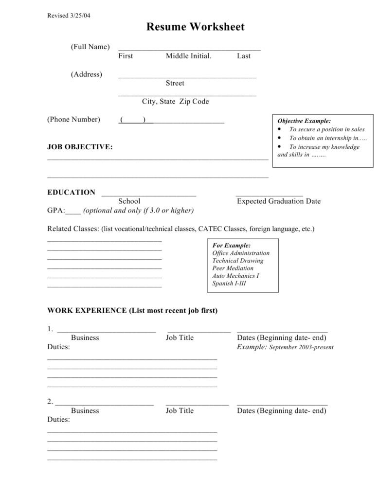 Resume Worksheet Template Download Printable PDF Templateroller ...